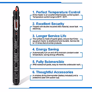 Kinbo Aquarium Heater 300 Watt Submersible Fish Tank Heater Adjustable Temperature with Diving Thermometer and Protective Case Suction Cup