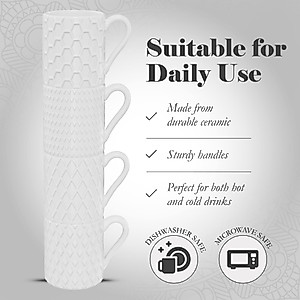 American Atelier Ceramic Mini Espresso Cups Set of 4, 3oz - Stackable Tiny Mugs for Small Shots of Coffee with Metal Stand - Use Demitasse Espresso Mug Racks for Any Kitchen or Café (Embossed)