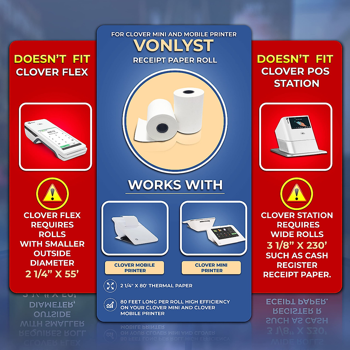 Vonlyst Receipt Paper for Clover Mini and Clover Mobile Thermal Printer 2 1/4 x 80 (10 rolls)