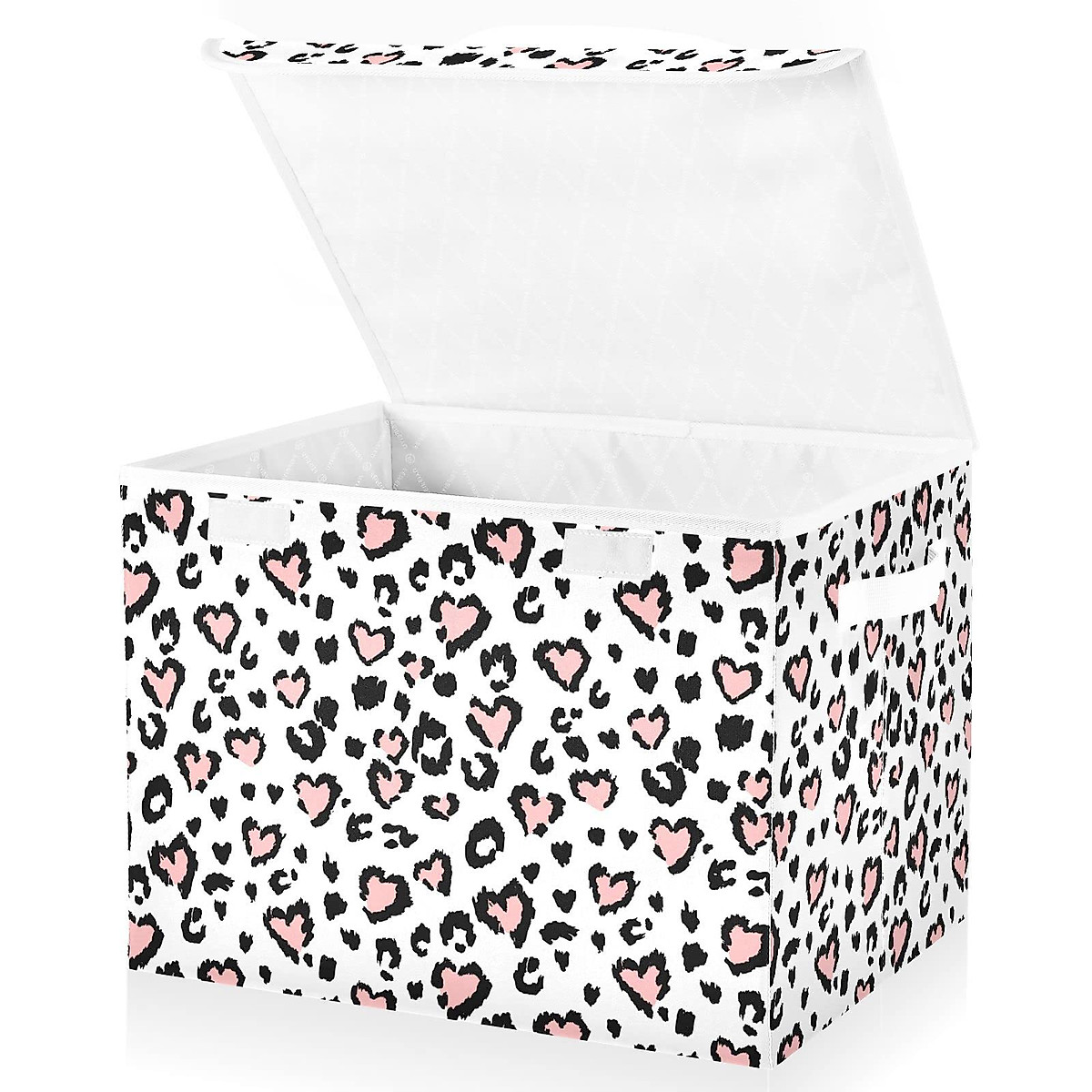 SUABO Leopard Print Pink Heart Storage Bin with Lid Large Oxford Cloth Storage Boxes Foldable Home Cube Baskets Closet Organizers for Nursery Bedroom Office