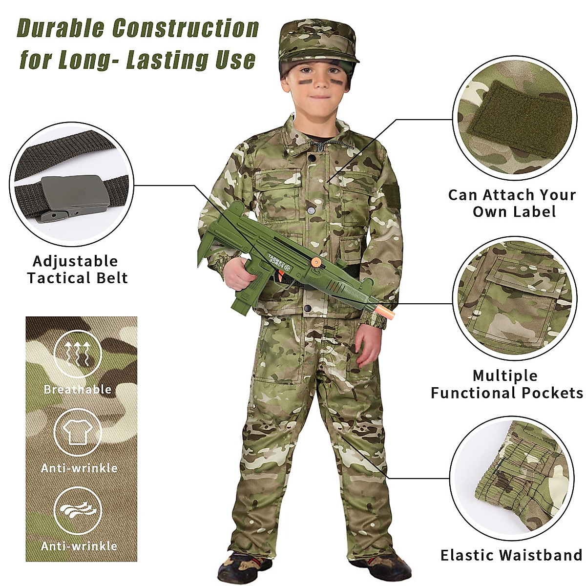 Tacobear Soldier Military Costume for Kids Boys Ages 3-9 Halloween Dress Up Role Play Set with Toy Accessories
