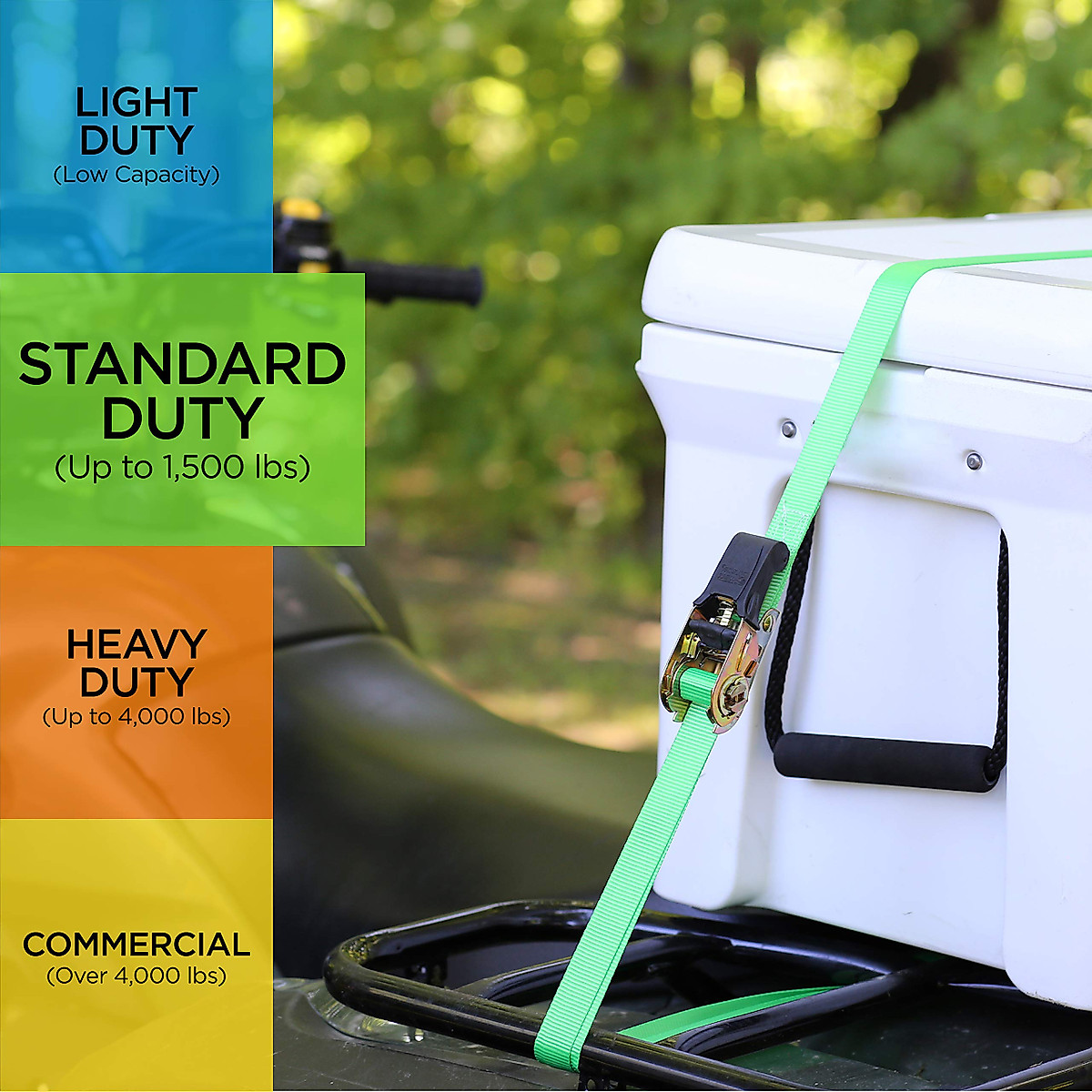 SMARTSTRAPS - 101W QuadWinder 14’ Padded Ratchet Tie Down, Green (4pk) - Patented Self-Loading Storage Case - 1,500lb Break Strength, 500lb Safe Work Load – Haul Lighter Loads Like ATV’s, Mowers and More
