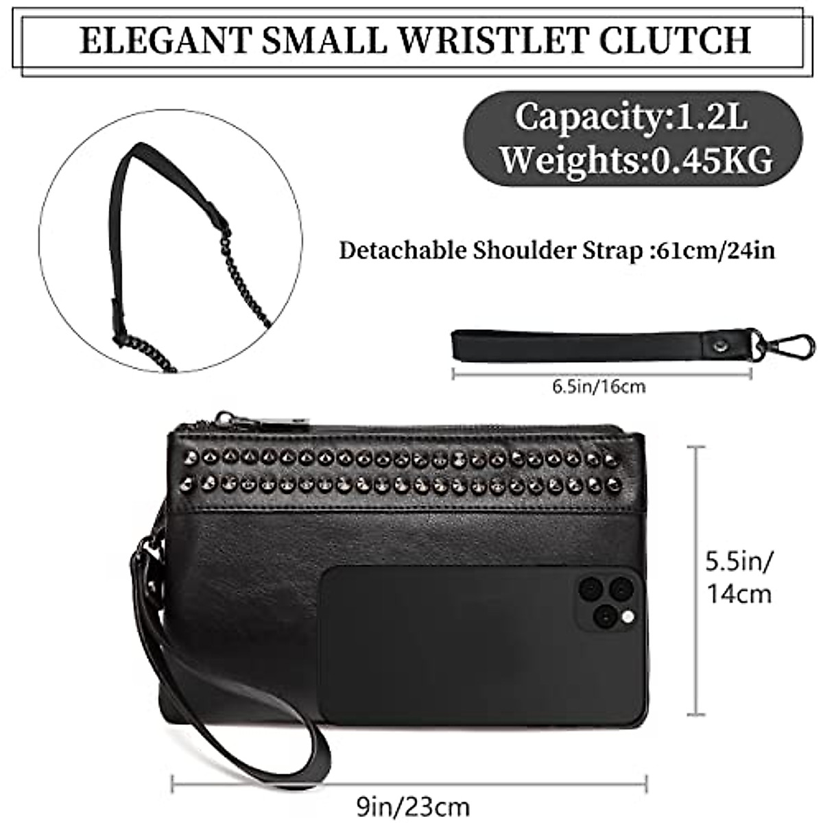 VASCHY Wristlet Clutch Purses, SAC Large Studs Soft Faux Leather Crossbody Evening Clutch Wallet for Women Black