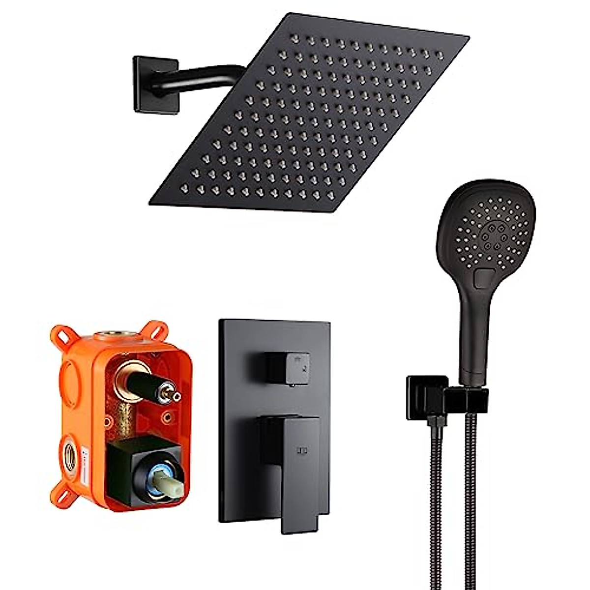 POP SANITARYWARE Black Shower System Bathroom Rainfall Shower Faucet Set Complete Wall Mounted 8 Inch Shower Head and Handle Set with Rough-in Valve Body and Trim Kit