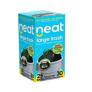 Neat Tall Kitchen 30 Gallon Drawstring Trash Bags - (25 COUNT) - Triple Ply Fortified, Eco-Friendly 50% Recycled Material, Neutralize+ Odor Technology, Reversible Black and White Garbage Bags