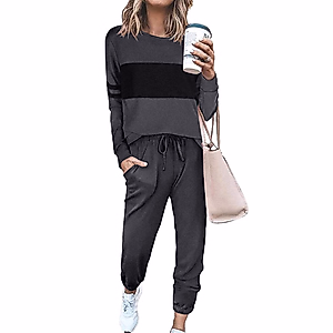 PRETTYGARDEN Women's Color Block 2 Piece Tracksuit Crewneck Long Sleeve Tops Long Sweatpants Outfits Lounge Sets(Dark Grey,Medium)