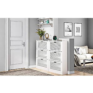Hommoo Shoe Cabinet with 3 Flip Louvered Door Wood Shoe Rack with 3 Adjustable Shelf Modern White Shoe Storage Cabinet for Entryway Hallway