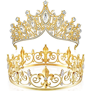 Junkin 2 Pcs Crowns for Men Women Baroque Queen Crown King Prince Tiara Princess Crystal Headband Rhinestone Prom Party(Gold)