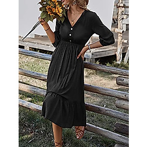 OYOANGLE Women's Swiss Dot Lace Fake Button 3/4 Lantern Sleeve Ruffle Hem V Neck A Line Flowy Midi Dress Black M