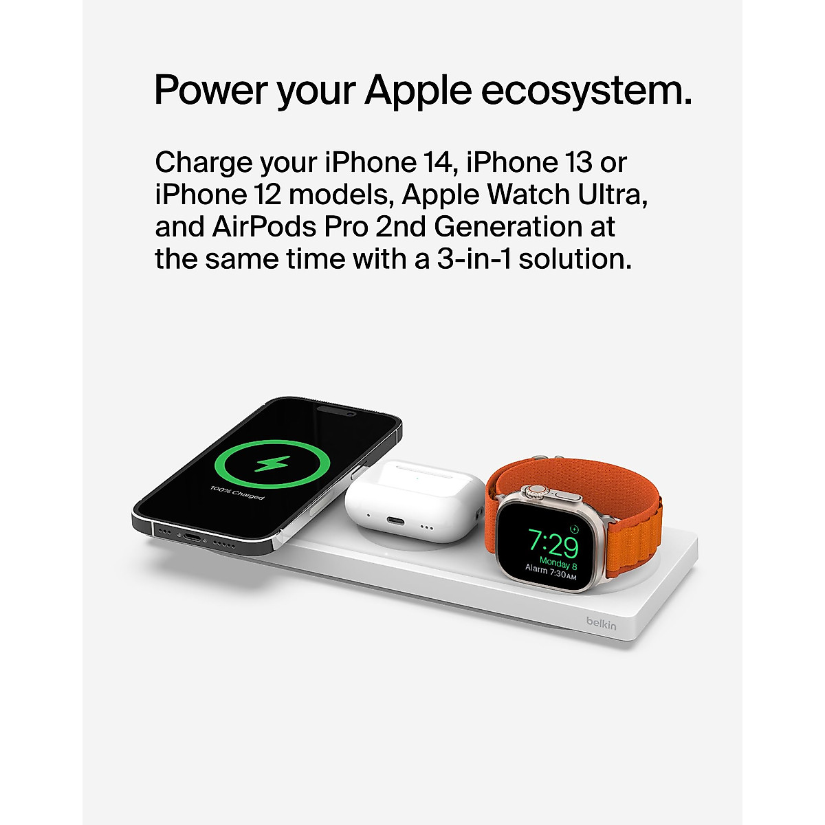 Belkin MagSafe 3-in-1 Wireless Charging Pad - Fast Wireless Charging for Apple Watch, iPhone 15, iPhone 14, iPhone 13, & iPhone 12 Series, & AirPods - Charging Station for Multiple Devices - White