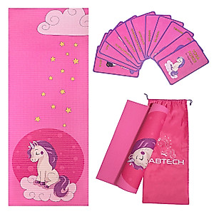 Kids Yoga Mat Set - Fun Unicorn Yoga Mat for Girls - Comfortable - Chemical Free - Non-Toxic - Non-Slip - 60 X 24 X 0.2 Inches - w/ 12 Yoga Cards for Kids - Carrier Bag with Strap - Pink - Ages 4-12
