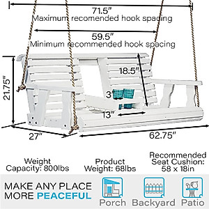 Porchgate Amish Heavy Duty 800 Lb Rollback Console Treated Porch Swing with Hanging Ropes (Semi-Solid White Stain)