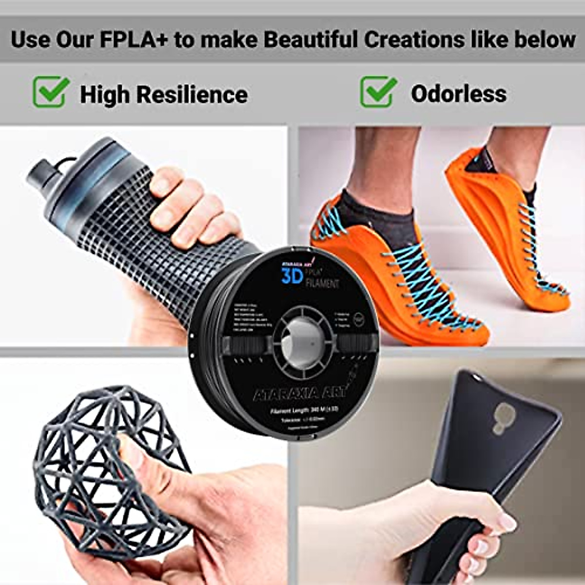 ATARAXIA ART Flexible PLA Filament 1.75mm,3D Printer Filament 1kg/2.2lb Spool,Better Than TPU,89A Shore Hardness, Patent Formula, Compatible with Bowden Extruder,with Filament Storage Bag, FPLA Black