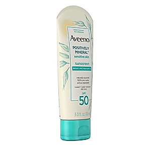 Aveeno Positively Mineral Sensitive Skin Daily Sunscreen Lotion with SPF 50 100 Zinc Oxide NonGreasy Sweat WaterResistant Sheer Sunscreen for Face Body TravelSize, Unscented, 3 Fl Oz