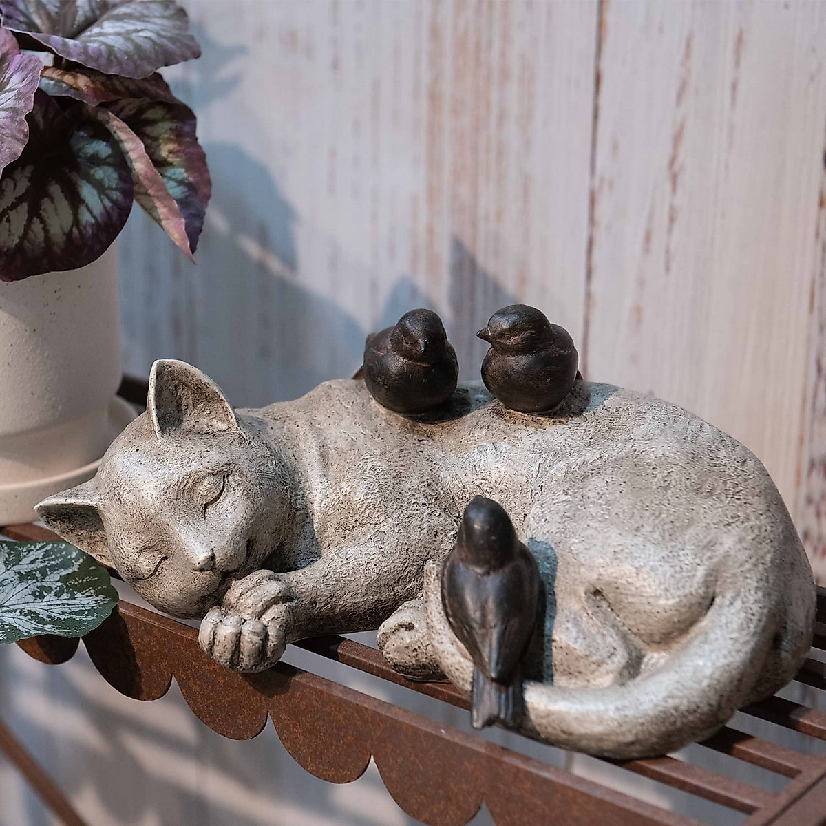 Comfy Hour 5" Polyresin Garden Accent Decorative Sparrows On Cat Figurine, Statue Stone Looking, White, Black, Pet in Loving Memory Collection
