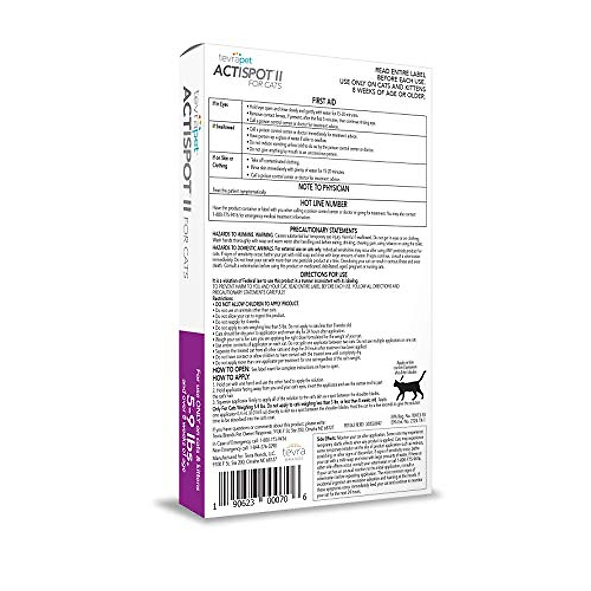 TevraPet Actispot II Flea Treatment for Small and Medium Cats 5-9 lbs | 6 Doses | Powerful Prevention and Control, Clear