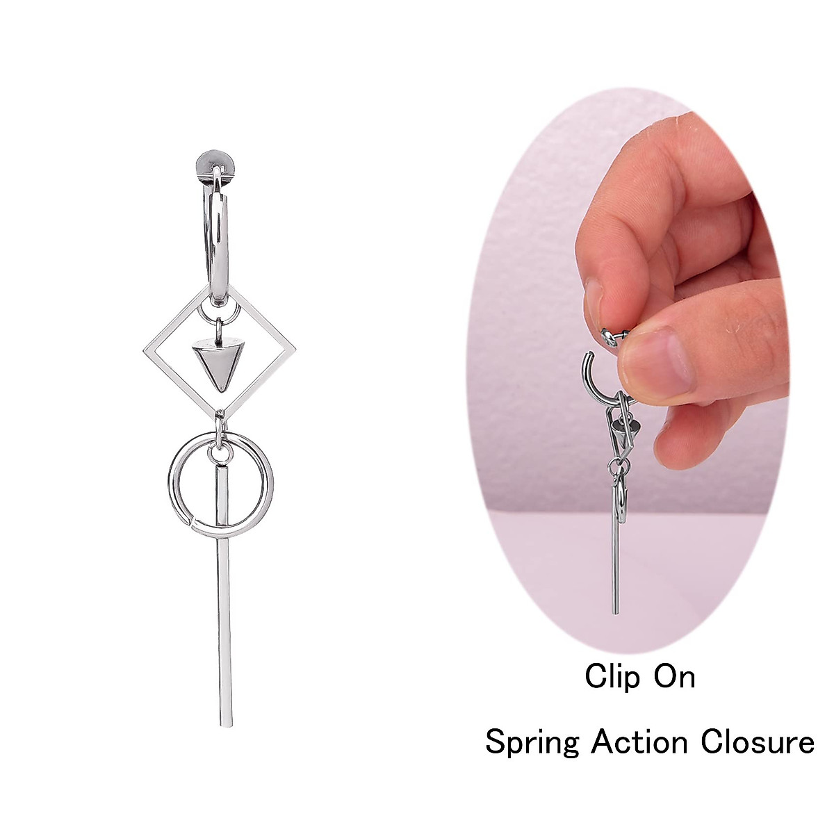 EFORPAD 5Pcs Clip On Earrings Non Piercing Fake Earrings Hoop Dangle Earrings for Men Women Stainless Steel Dangle Hoop Earrings Long Chain Pendant Earrings (Black)