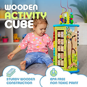 Wooden Activity Cube for Toddlers 1-3 with Bead Maze - Birthday Gift Busy Baby Activity Cube for Babies 12 Months - Standing Wood Sensory Learning Cube Play Center Toys for 1 Year Old Boys & Girls