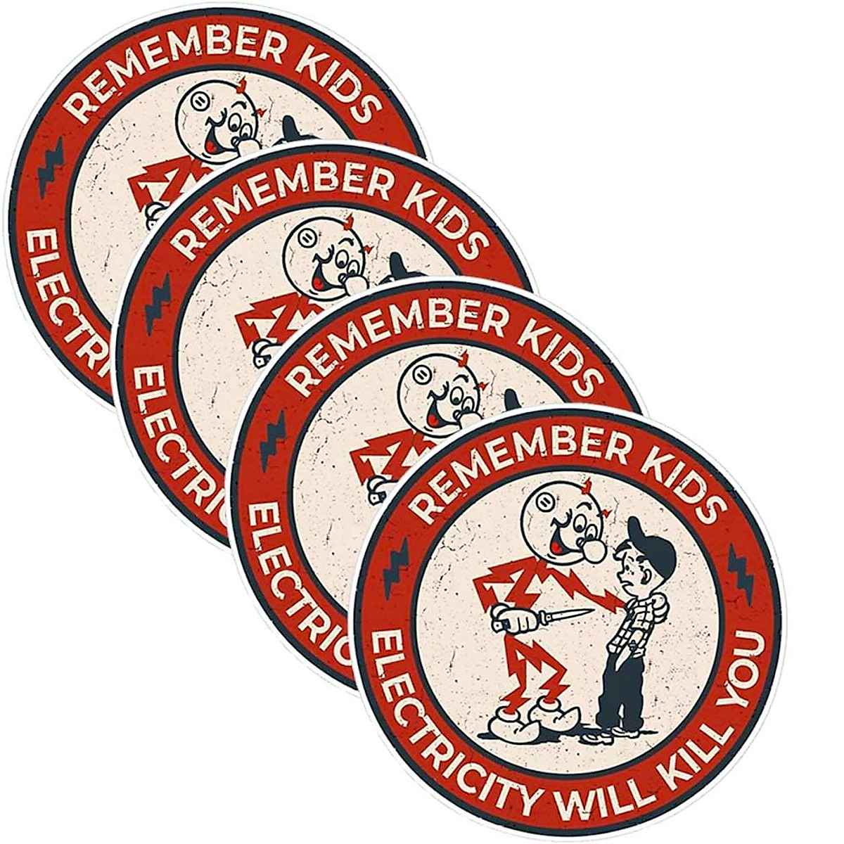 AG 4 PCS Remember Kids Electricity Will Kill You Decal Hard Hat Stickers Reddy Kilowatt Funny Electrician Mechanic Stickers, 3 Inch, Electricity Kills Sticker
