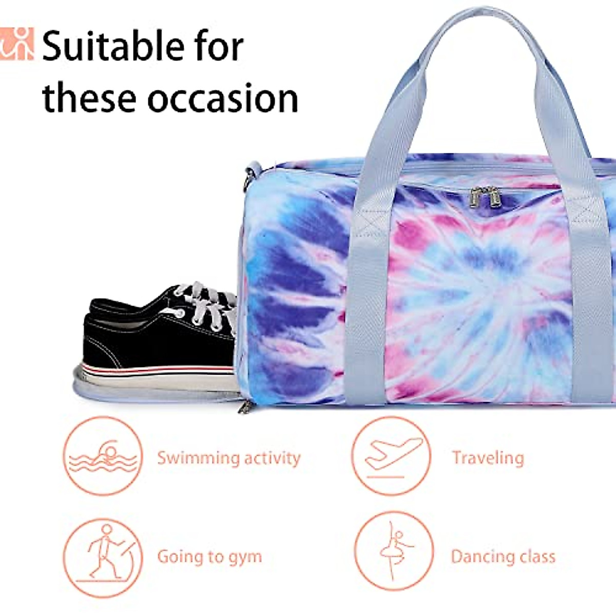 Abshoo Sports Gym Bag for Girls Teen Weekender Carry On Women Travel Duffel Bag with Shoe Compartment (Tie Dye D) Medium