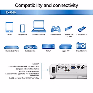 Epson EX5260 XGA 3,600 lumens color brightness (color light output) 3,600 lumens white brightness (white light output) wireless HDMI 3LCD projector