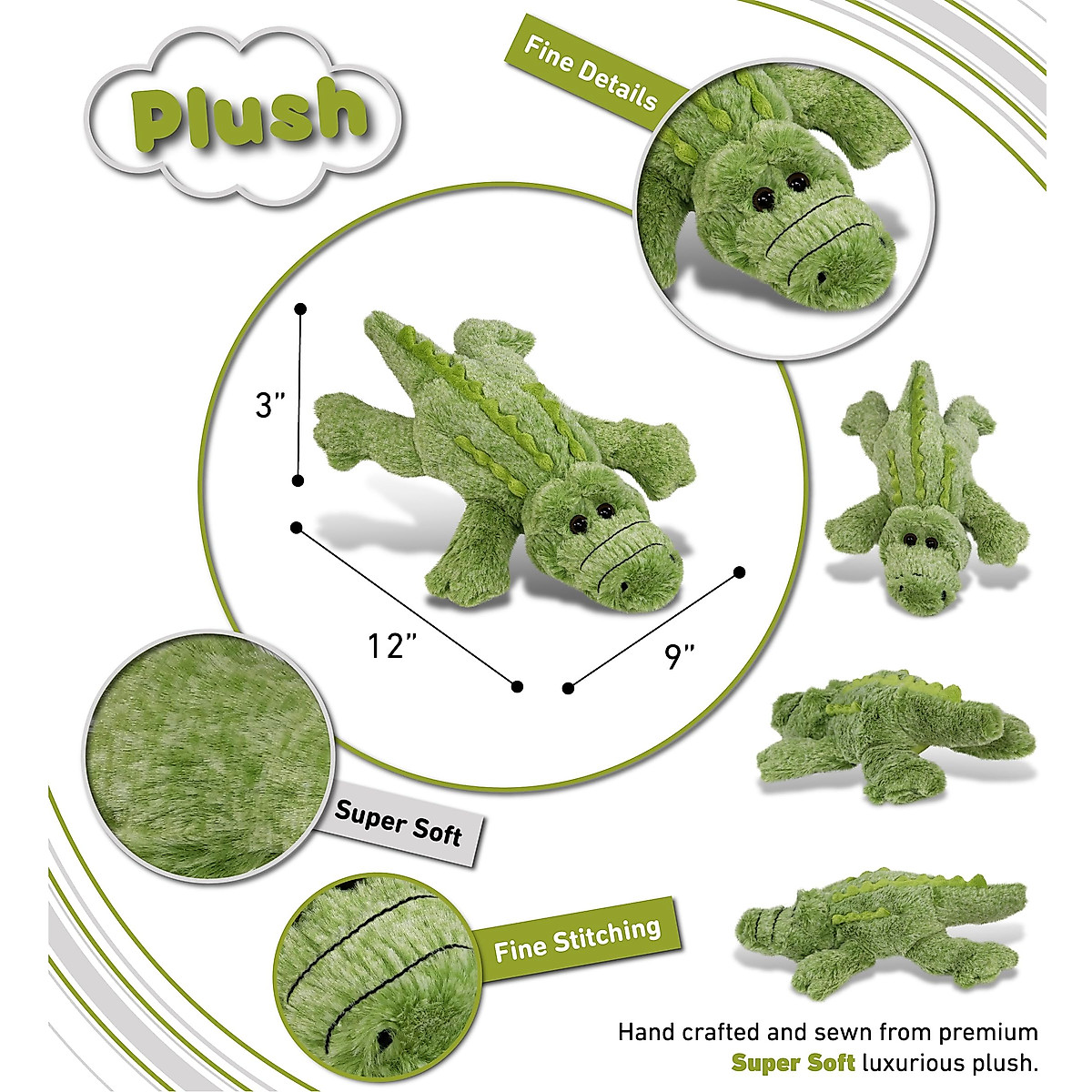 DolliBu Alligator Plush - Super Soft Stuffed Animal Alligator Toy, Cute Wild Life Green Plush Alligator, Adorable Huggers Plush Alligator Stuffed Toy for Baby, Kids, and Adults - 11.5 Inches