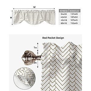 Semi Sheer Valance Adjustable Kitchen Valance for Windows, Modern Herringbone Geometric White and Gold Valances for Bathroom Bedroom Living Room, Tie-up Rod Pocket Decorative Window Curtain 42"x18"