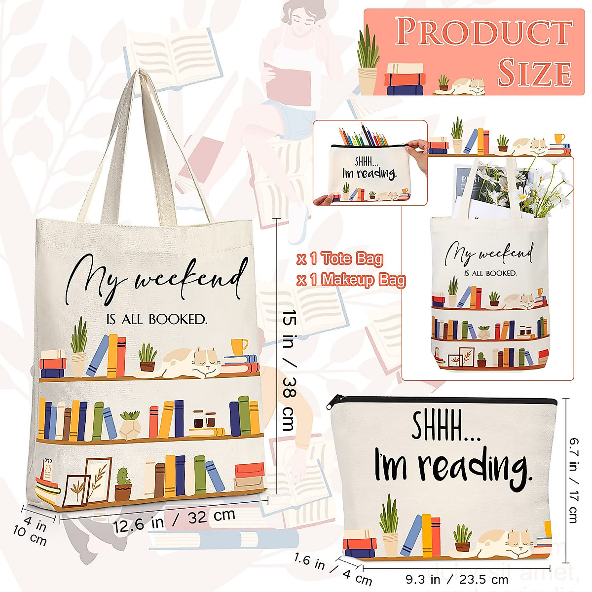 Sieral 2 Pcs Book Lovers Gifts Bookshelf Tote Bag Makeup Reading Canvas Bag Reusable Book Tote Bag Cosmetic Pencil Cases School Bag Gift with Metal Zipper Bookish Librarian Gifts for Women Teacher