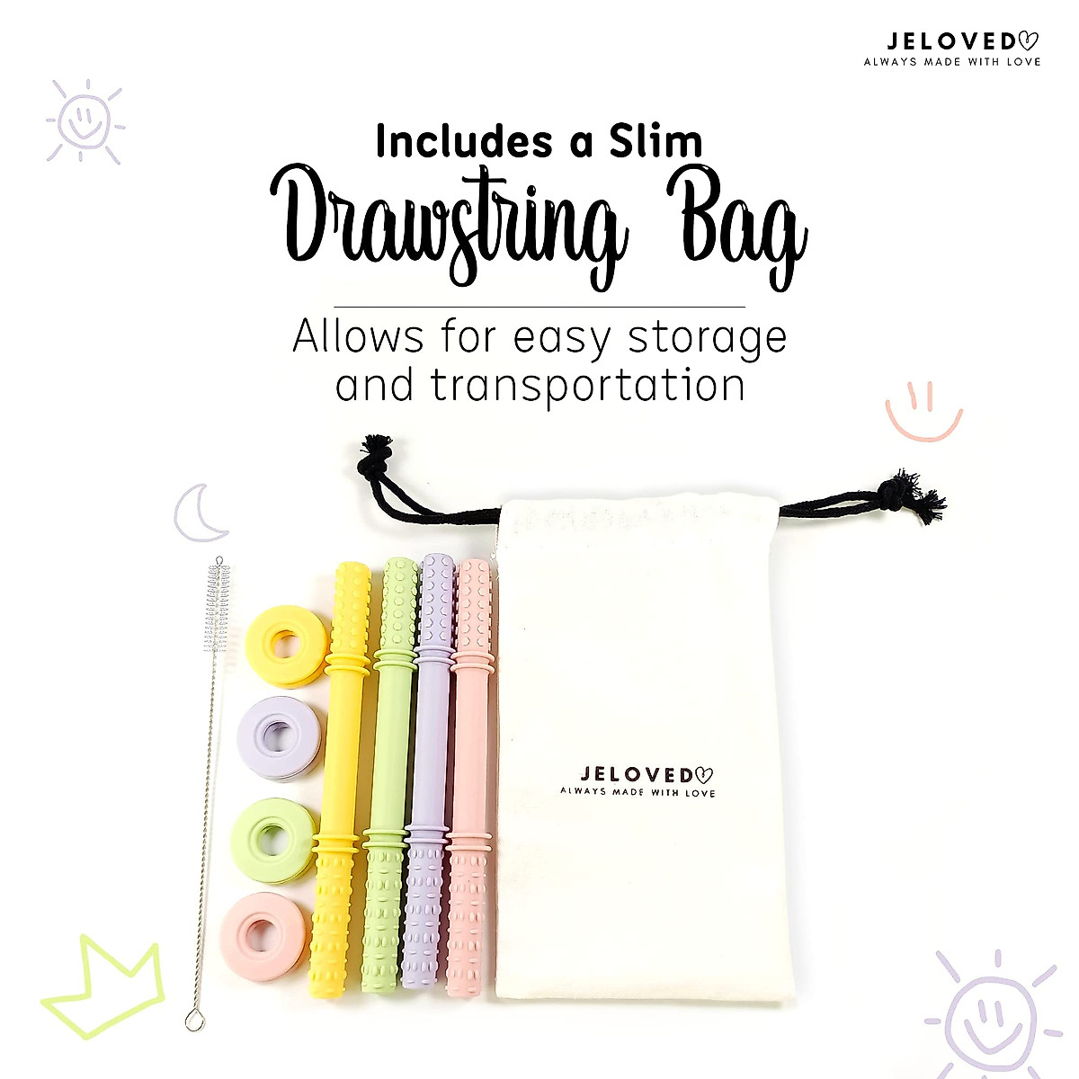 Jeloved Hollow Teether Tubes 4 Pack, Soft Silicone Baby Teething Toys for Baby with Safety Shield, Chew Straws Toy for Babies, Teether Tubes for Infants, BPA Free/Freezable/Dishwasher Safe