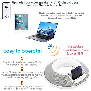 EMUTECK 30 Pin Bluetooth 5.0 Receiver Stereo Adapter for Bose SoundDock 2 and Other 30-pin Dock Speakers, with 3.5mm Aux Cable, for iPhone iPod Music Docking Stations (Not for Cars)