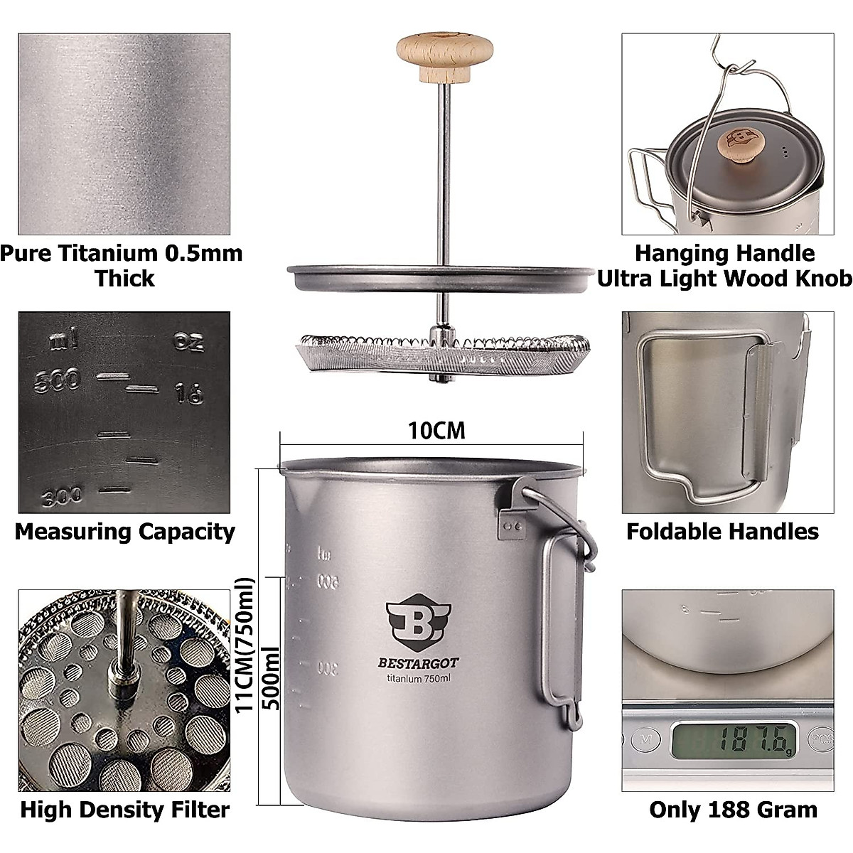 Bestargot Camping Titanium Pot, French Press Coffee Maker, Camp Cooking Pot with Light Wood knob, 750ml Camping Cup for Camping Hiking Backpacking, Capacity 25 Fl Oz