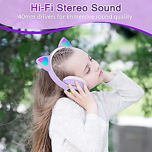 KERHAND Bluetooth Headphones for Kids, Cute Ear Cat Ear LED Light Up Foldable Headphones Stereo Over Ear with Microphone/TF Card Wireless Headphone for iPhone/iPad/Smartphone/Laptop/PC/TV (Purple)