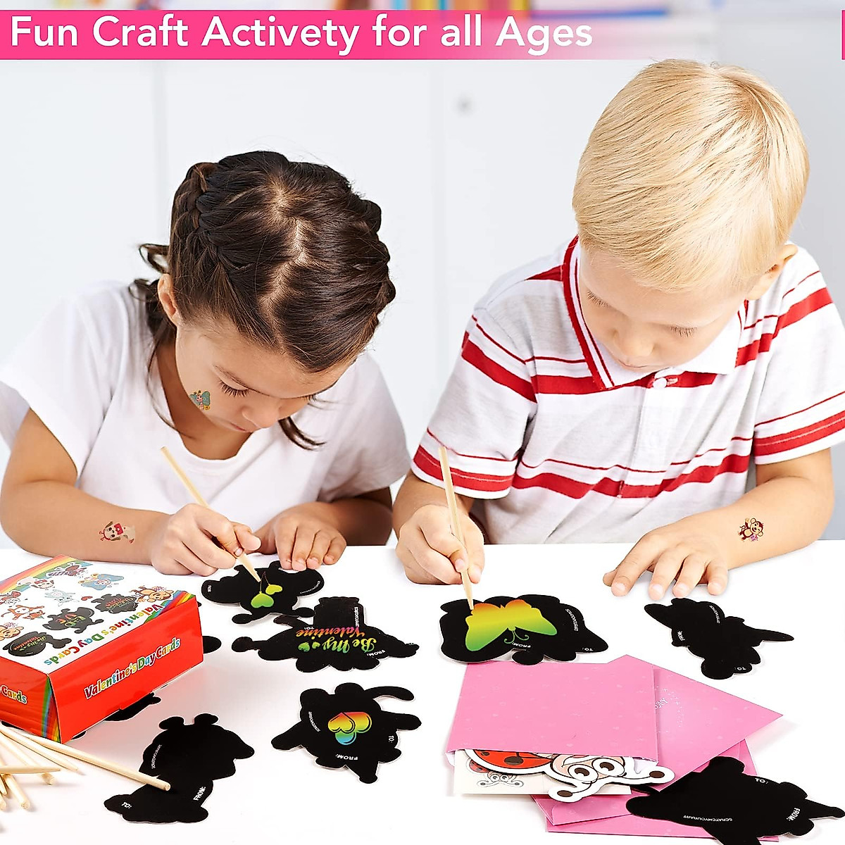 Valentines Cards for Kids 32Pack with Scratch Paper, Wooden Stylus, Envelopes, Temporary Tattoos, Rainbow Scratch Art Kids Valentines Cards Valentines Gifts for Boys Girls Classroom School Exchange