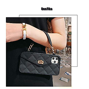 UnnFiko Wallet Case Compatible with iPhone 11, Cute Light Luxury Bag Design, Purse Flip Card Pouch Cover Soft Silicone Case with Handstrap Long Shoulder Strap (Black, iPhone 11)