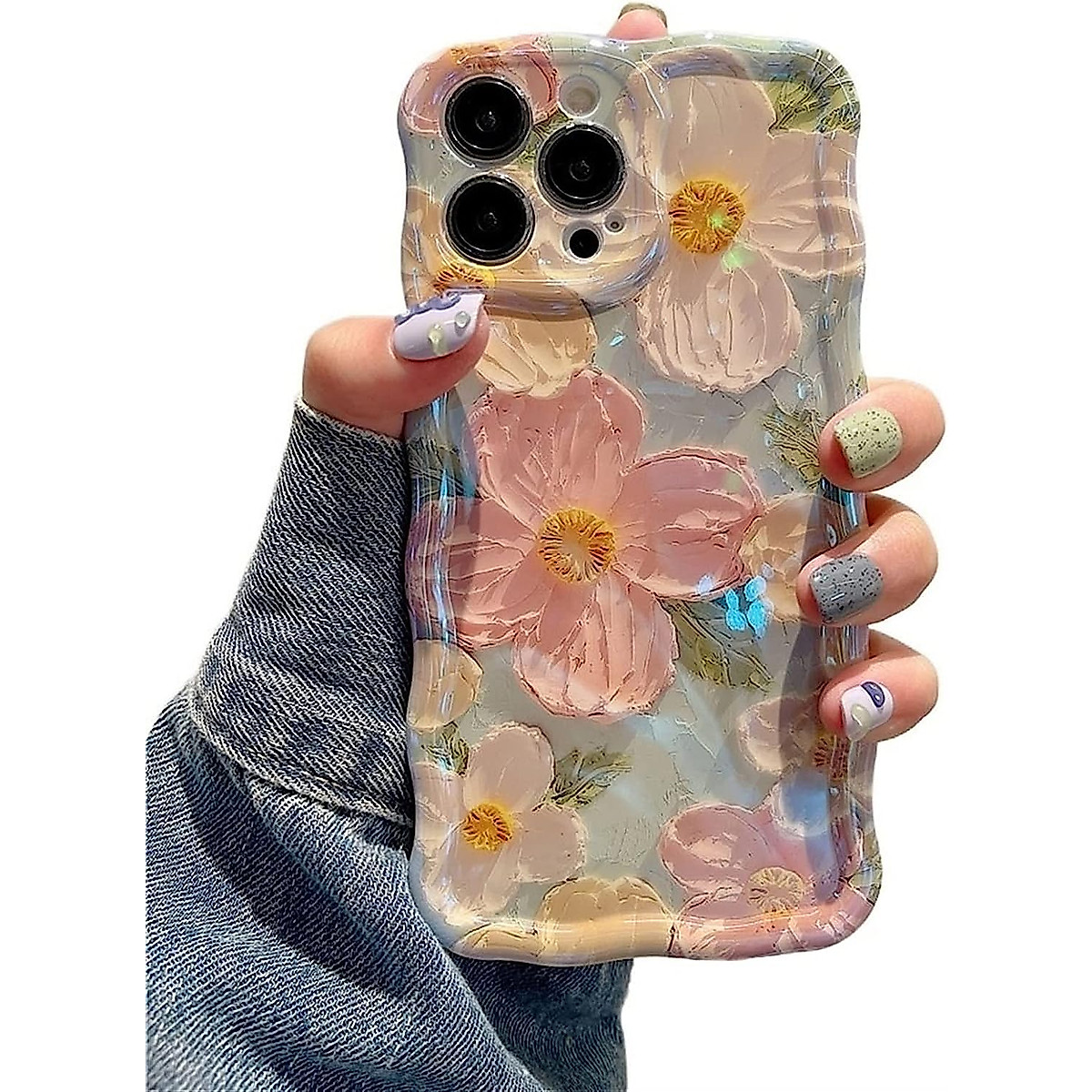 EYZUTAK Case for iPhone 14 Pro Max, Colorful Retro Oil Painting Printed Flower Laser Glossy Pattern Cute Curly Wave Edge Exquisite Stylish Durable TPU Protective Phone Cover for Girls Women-Green
