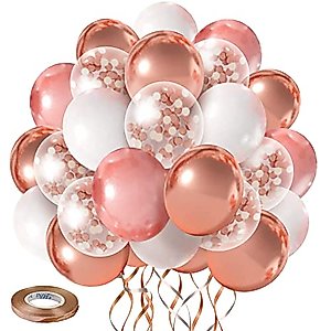 Zesliwy Rose Gold Confetti Balloons, 50 Pack 12 inch White and Rose Gold Latex Balloons with 33 Feet Rose Gold Ribbon for Birthday Party Wedding Graduation Bridal Shower Decorations.
