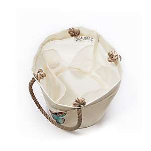 Sea Bags Recycled Sail Cloth Multicolor Sea Turtle Beachcomber Bucket Bag Seashell Bag, Sail Cloth Organizer Bucket Inside Pockets and Mesh Bottom