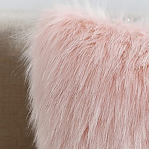Pack of 2 Luxury Faux Fur Throw Pillow Cover, Modern Chic Blush Pink Decorative Square Pillowcase for Sofa, Chair, Bed, Loveseat, Shaggy Fluffy Cushion Cover with Zipper Closure, 16"x16"