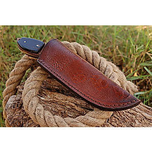 TMBrands Damascus Hunting Knife, Fixed Blade Knife & Camping Knife with Rose Wood & Buffalo Horn Handle & Knife Sheath