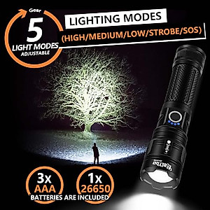 Relybo Flashlights High Lumens Rechargeable, LED Flashlight Super Bright 250000 Lumens XHP70.2, High Power Tactical Flashlight Powerful, Handheld Flash Light for Camping, Hiking, Emergency