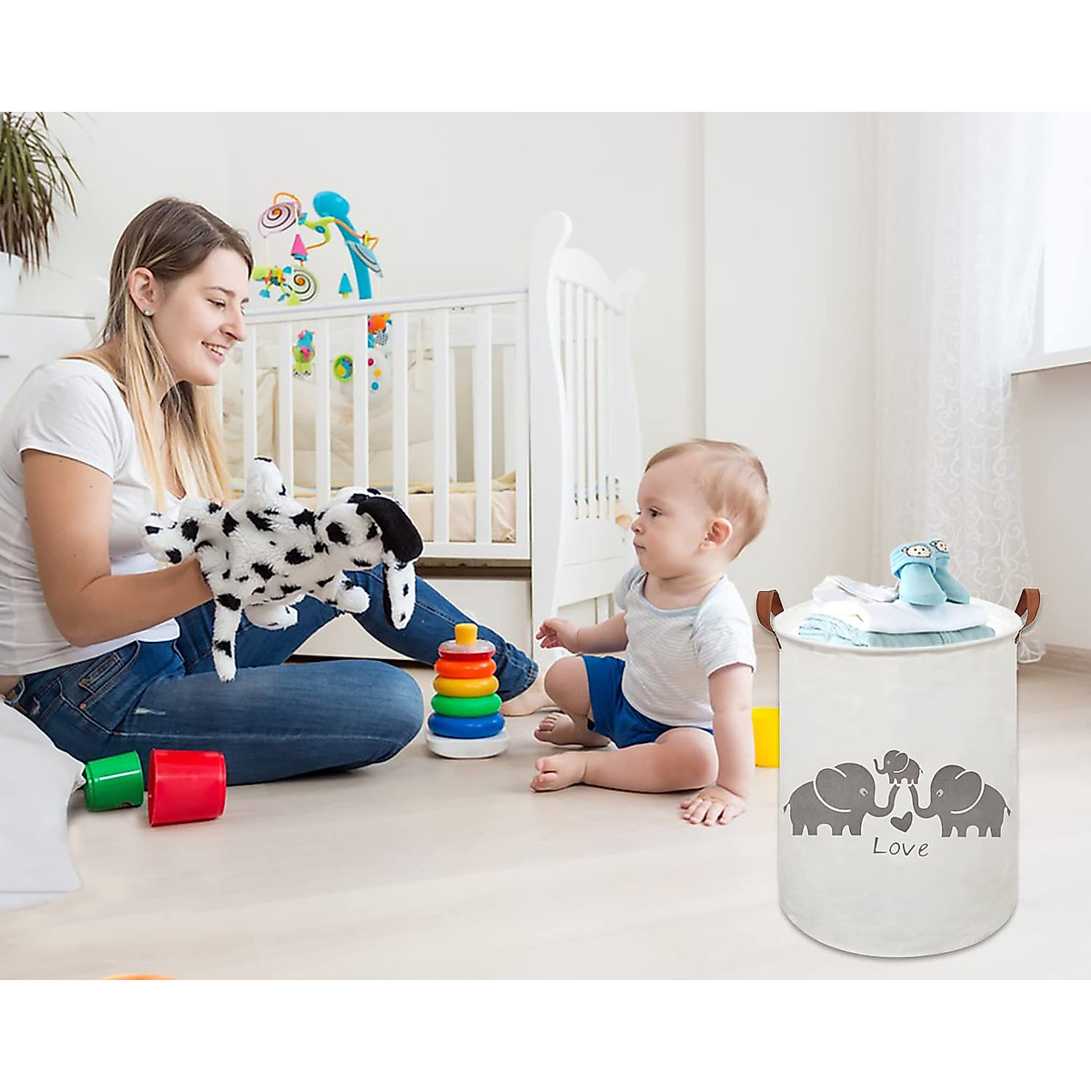 HIYAGON 19.7" x 15.7"Laundry Basket,Round Cotton Linen Storage Bin with Drawstring Cover for Bathroom/Closet/Toys Storage(Elephants)