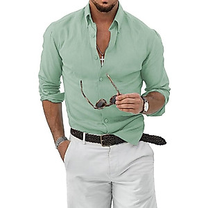 Mens Linen Button Down Shirts Long Sleeves Summer Beach Casual Regular Fit Shirt Tops Green