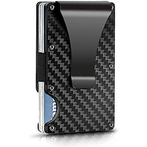 Real Carbon Fiber Minimalist RFID Blocking Card Wallet Holder Metal Men's Wallet with Money Clip (Black)