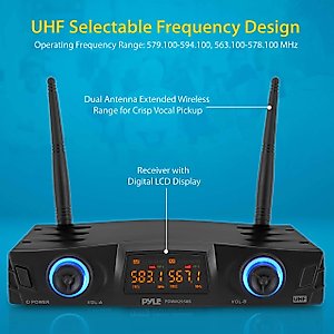Pyle Compact UHF Wireless Microphone System-Pro Portable Dual Channel Desktop Digital Set w/ 2 Belt-Pack Transmitter, Receiver, 2 Headset, Lavalier Mics, XLR, for Home, PA (PDWM2958B.5)