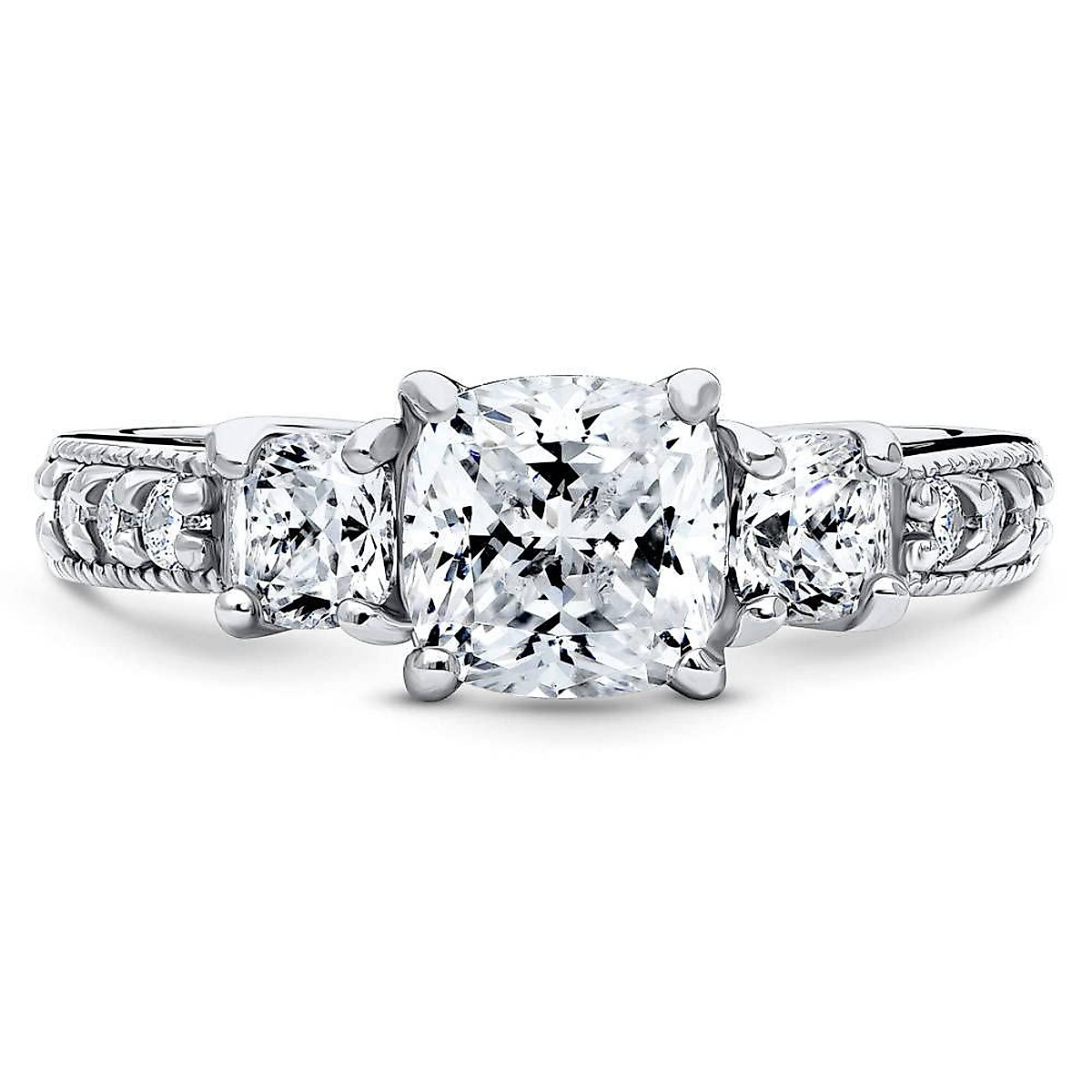 BERRICLE Sterling Silver 3-Stone Wedding Engagement Rings Cushion Cut Cubic Zirconia CZ Promise Ring for Women, Rhodium Plated Size 7.5