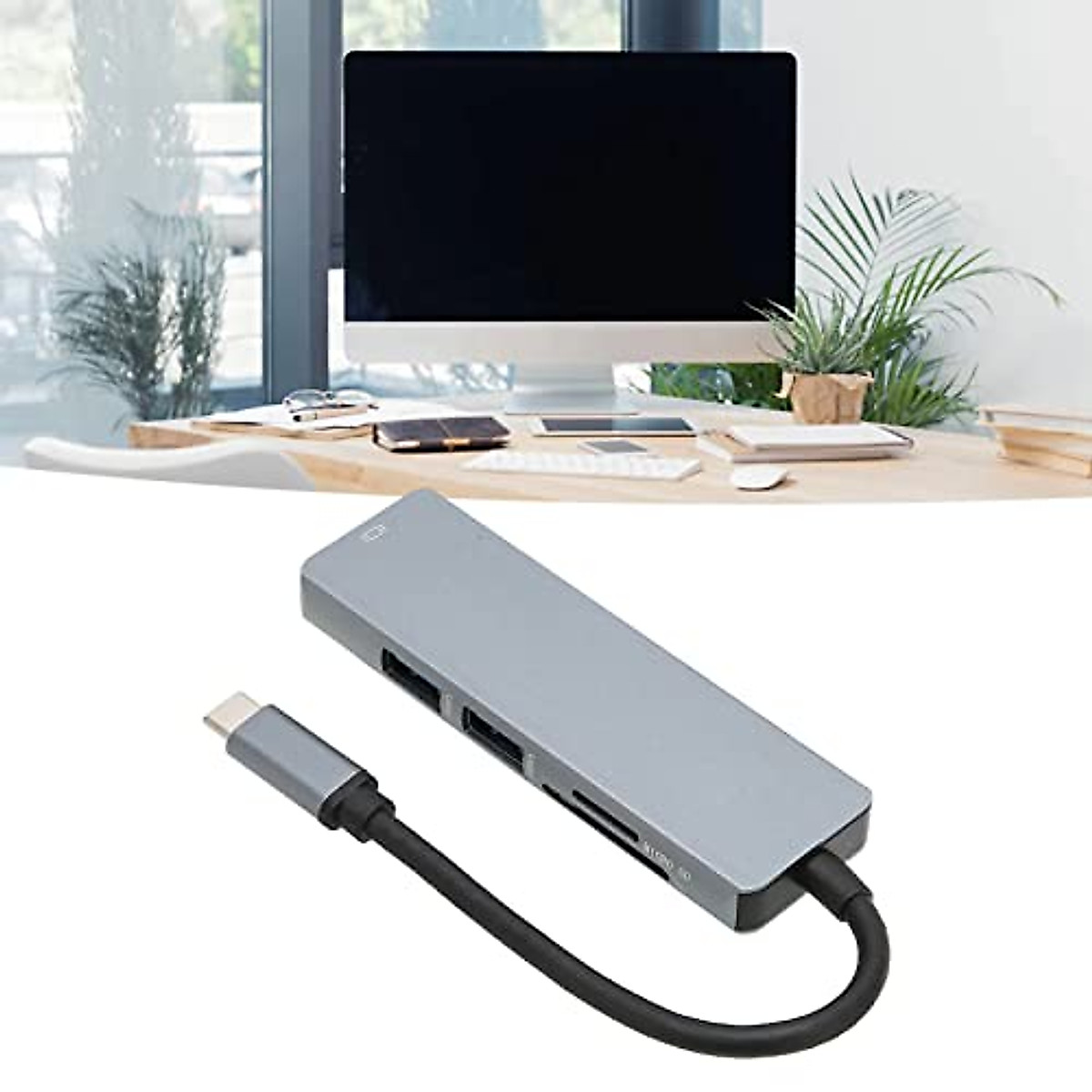 USB C Hub, 30HZ 4K HD 5 in 1 USB C Multiport Adapter 3840x2160 5Gbps Transfer Support Dual Cards PD Charging USB Docking Station for Home Office Travel