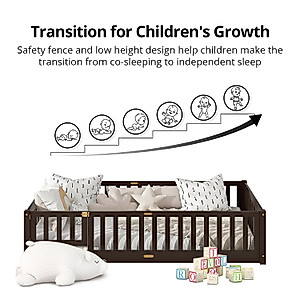 i-POOK Queen Floor Bed for Children, Sturdy Wood Montessori Bed Frame with Wood Slats, Fence & Door, Montessori Floor Bed for Girls and Boys, Espresso (with Bed Slats)