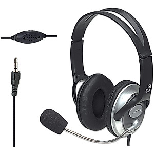 MANHATTAN Wired Headset with Microphone - with 8 ft Long Braided Stereo Cable, Single 3.5mm Plug Jack, Volume Control, Flexible Mic – for Computer, Laptop, PC, Phone – 3 Yr Mfg Warranty – 180825
