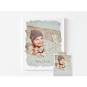 Personalized Baby Watercolor Canvas Painting With Name Printed On Premium Gallery Wall Art - Custom Newborn Portrait From Photo (S - 11x14 Inches)