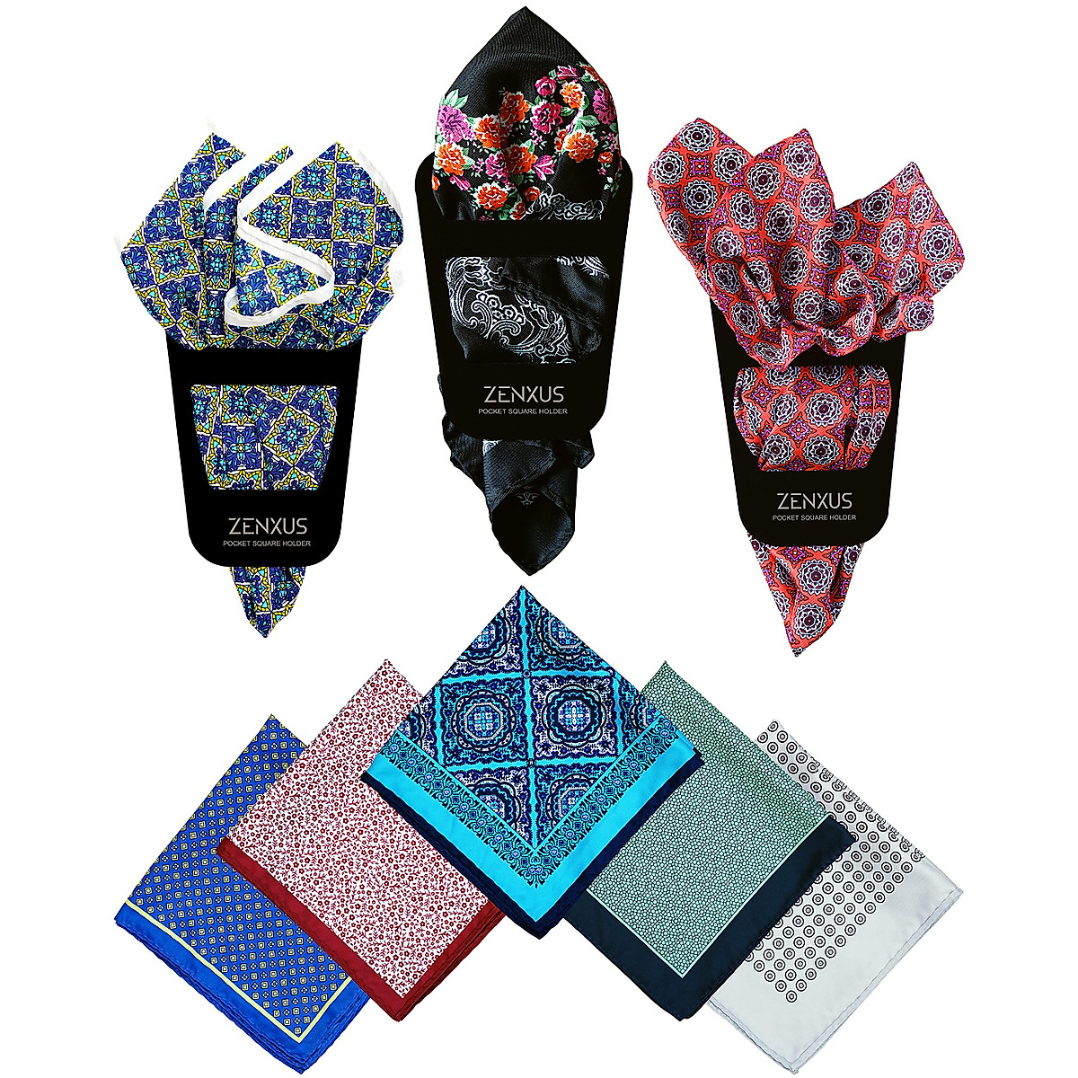 ZENXUS Printed Pocket Squares 8-Pack, plus 3 Folds Holder, Penetrating Printed Men's Handkerchiefs, Sewn by Hand